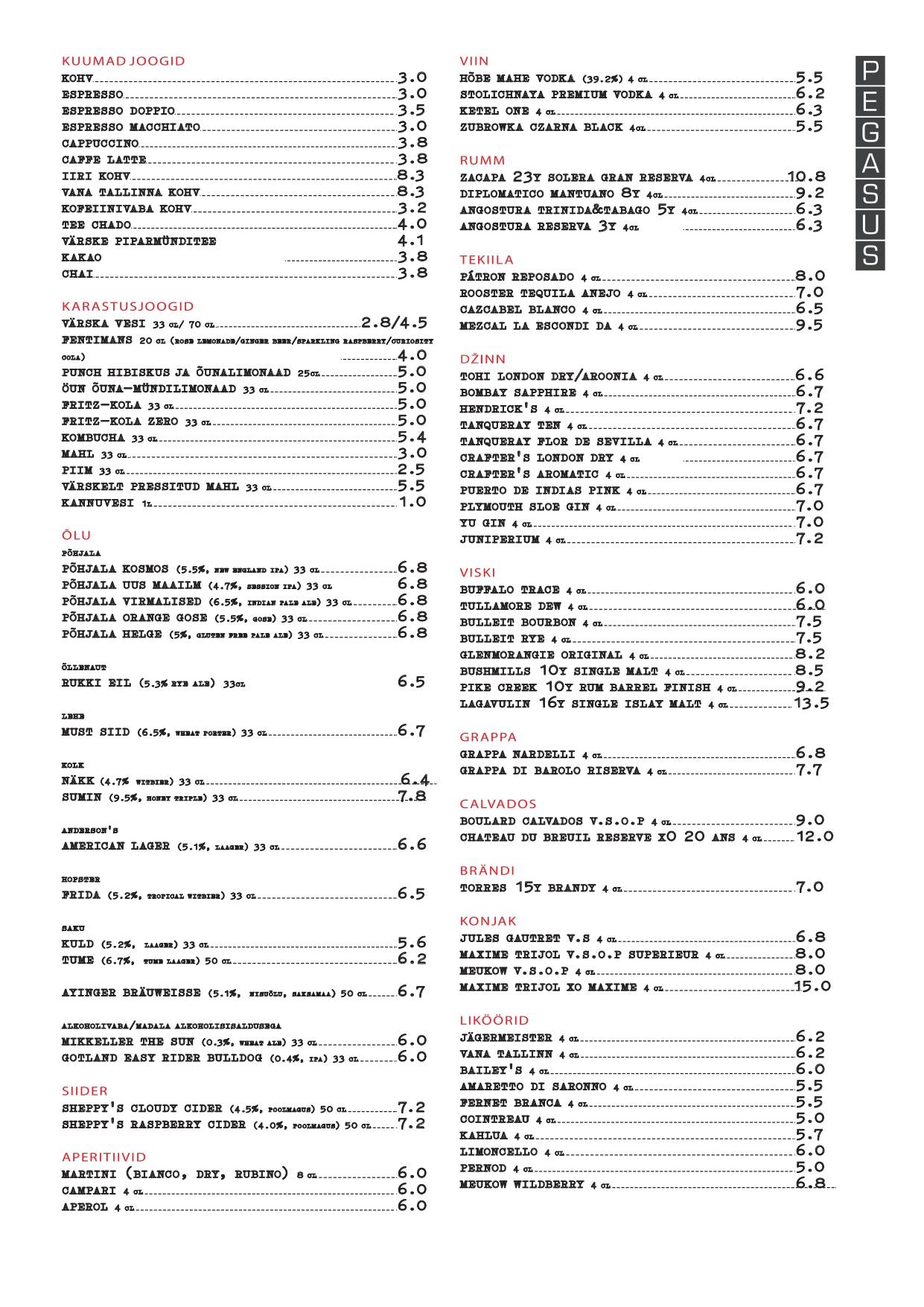 Menu at Restaurant Pegasus, Tallinn