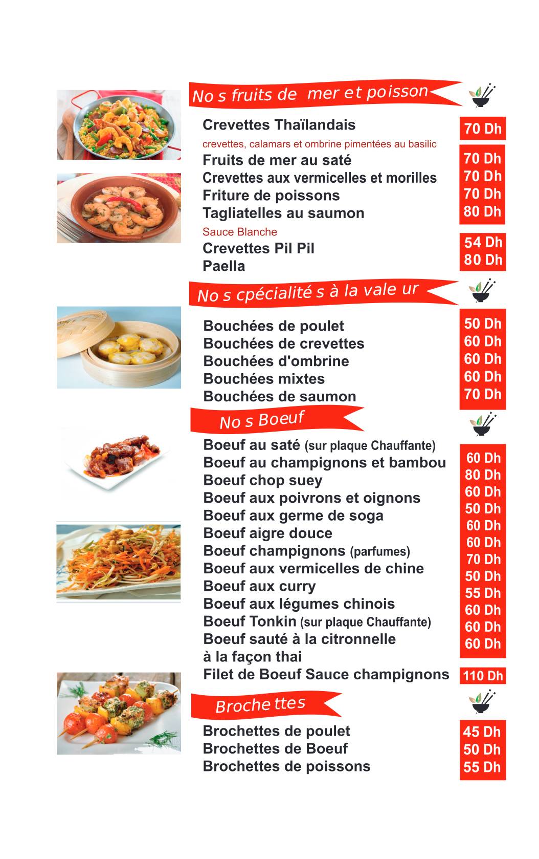 Carta de Restaurant le Tonkin, Casablanca