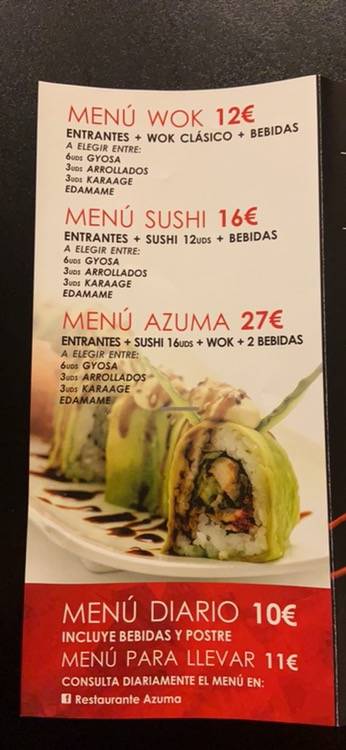 Carta de Restaurante Azuma, Inca