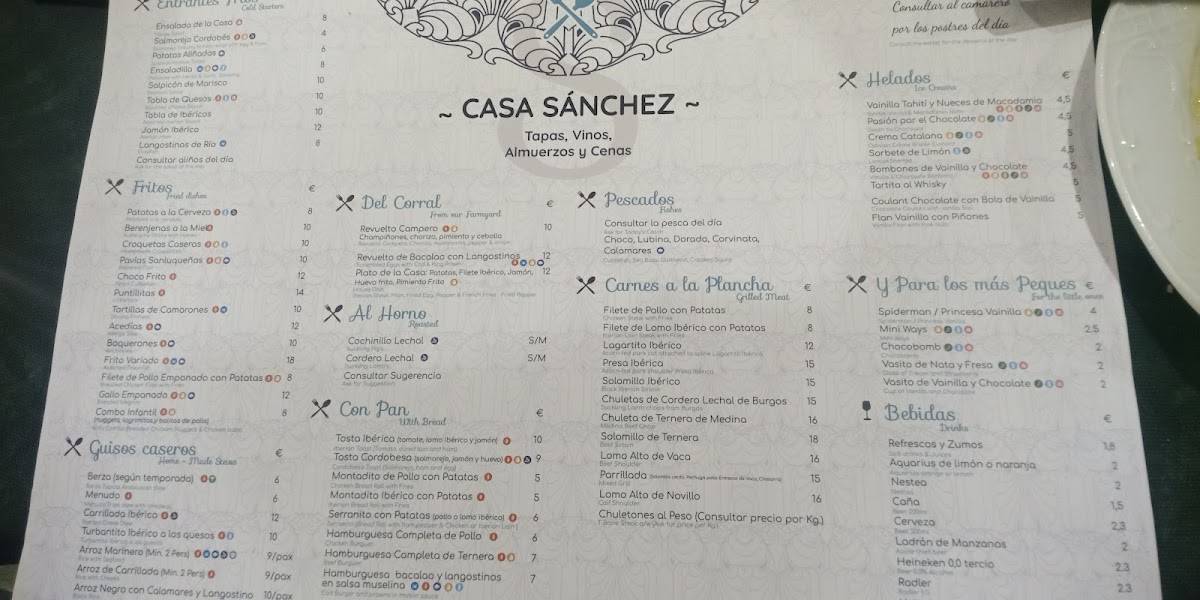 Carta del restaurante Casa Sanchez, Jerez del la Frontera