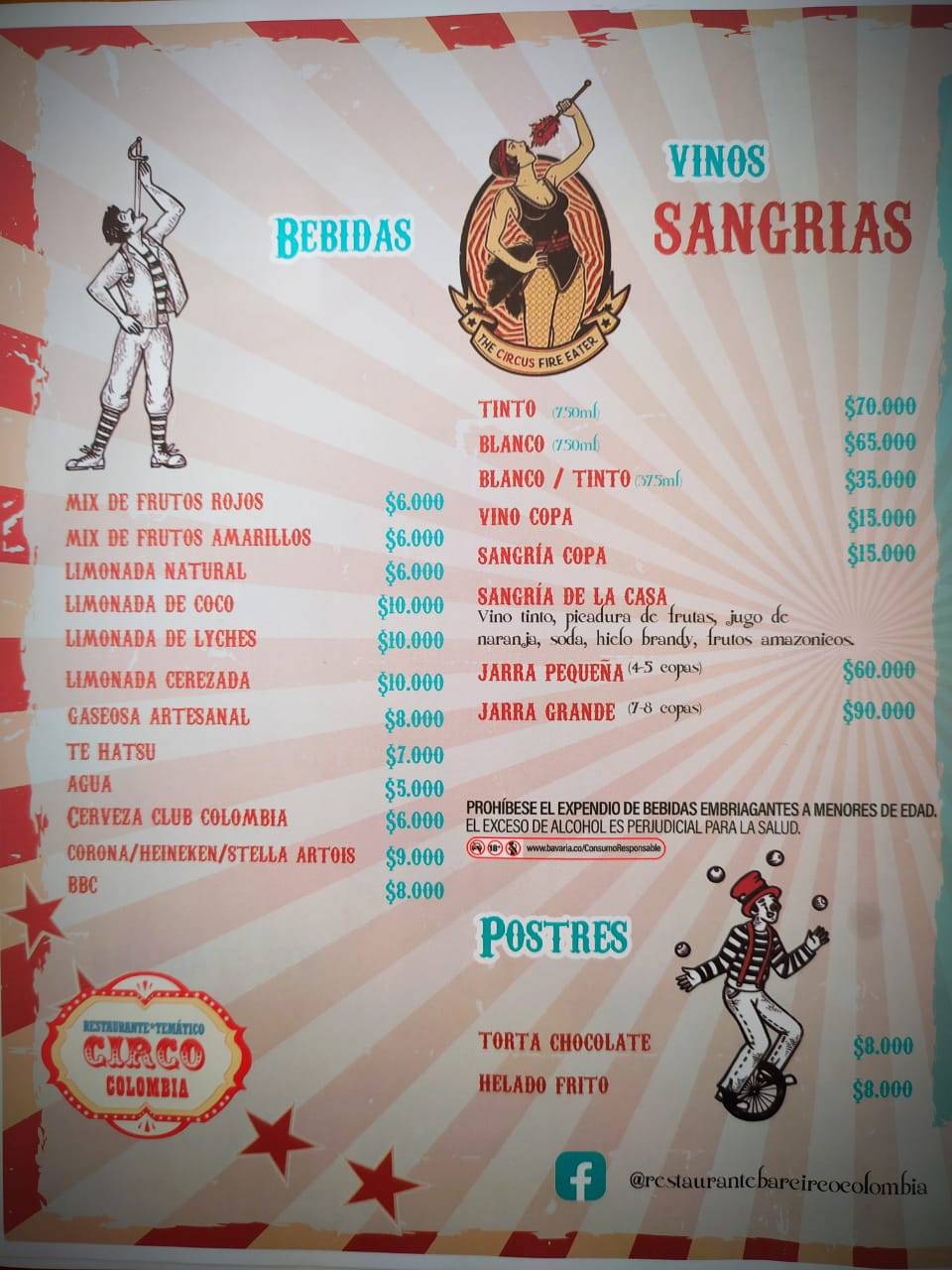 Carta de Restaurante Temático Circo, Bogotá, Cl. 67 #12-40