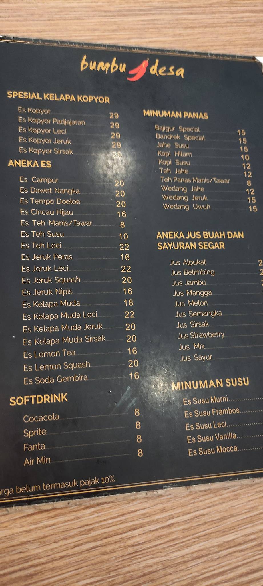 Menu at Restoran Bumbu Desa restaurant, Yogyakarta