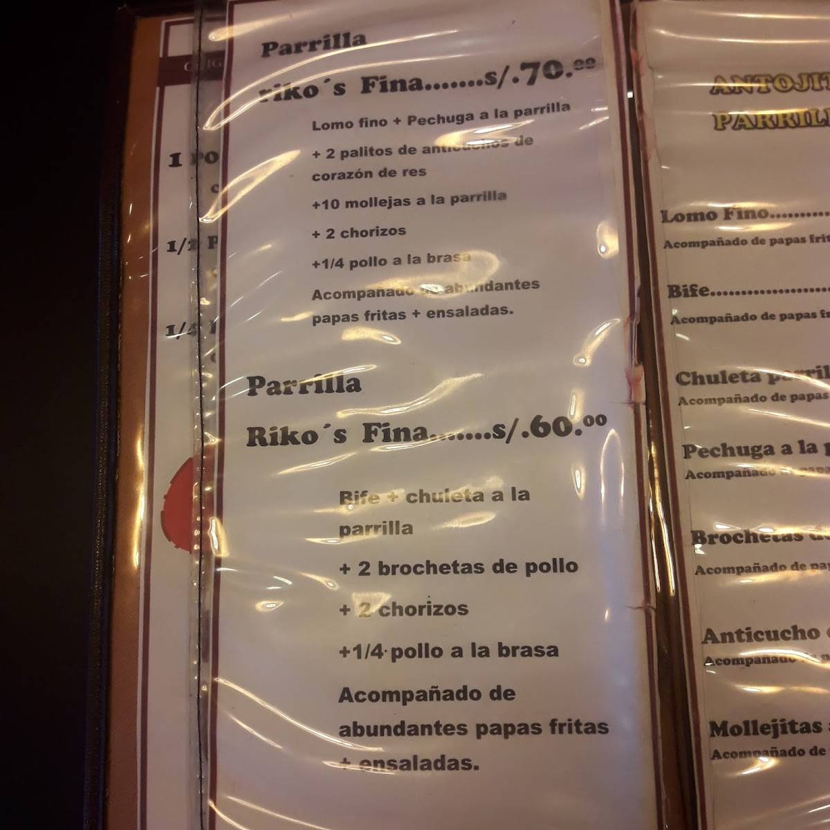 Carta del restaurante Riko's Chicken, Chiclayo