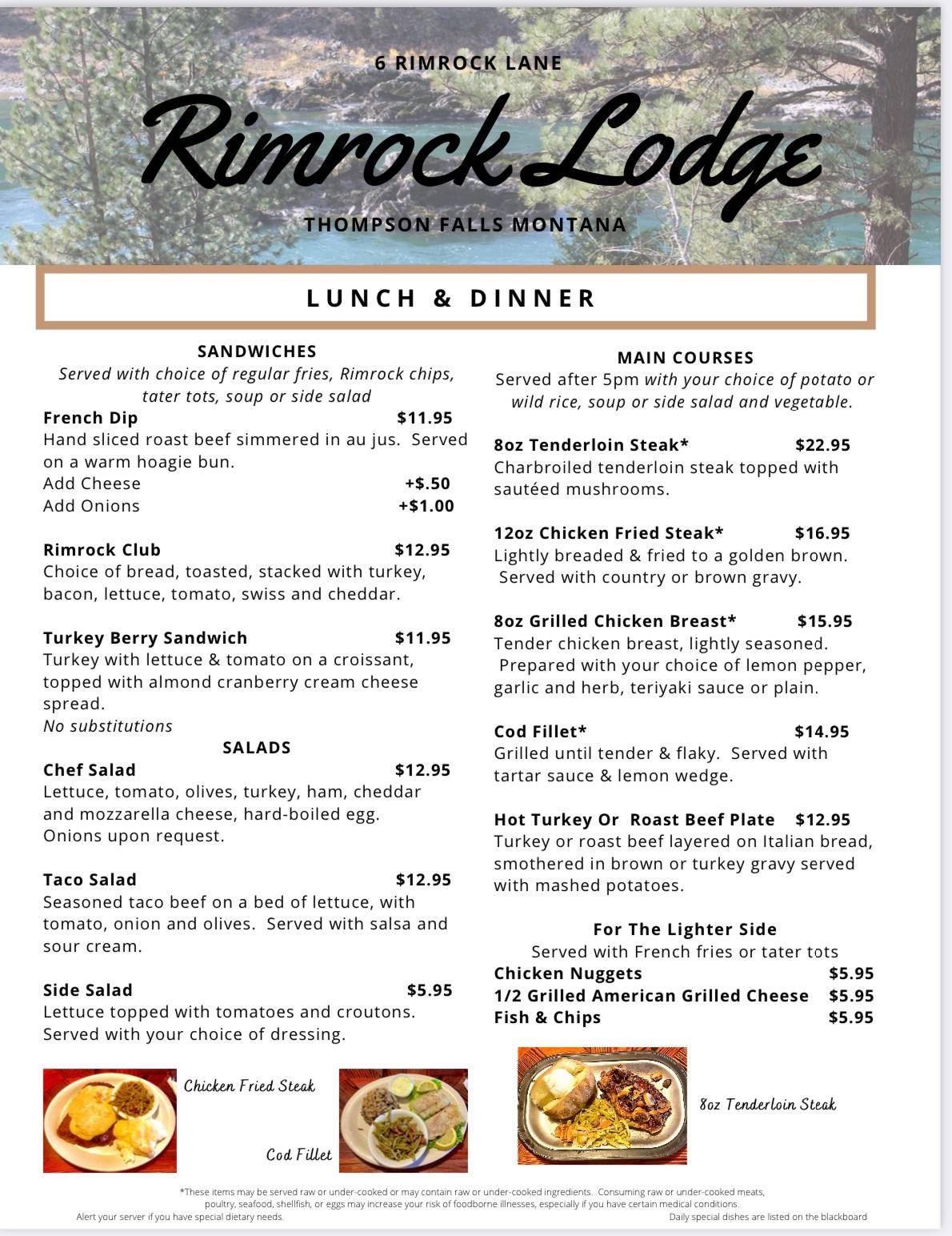 Menu at Rimrock Lodge restaurant, Thompson Falls
