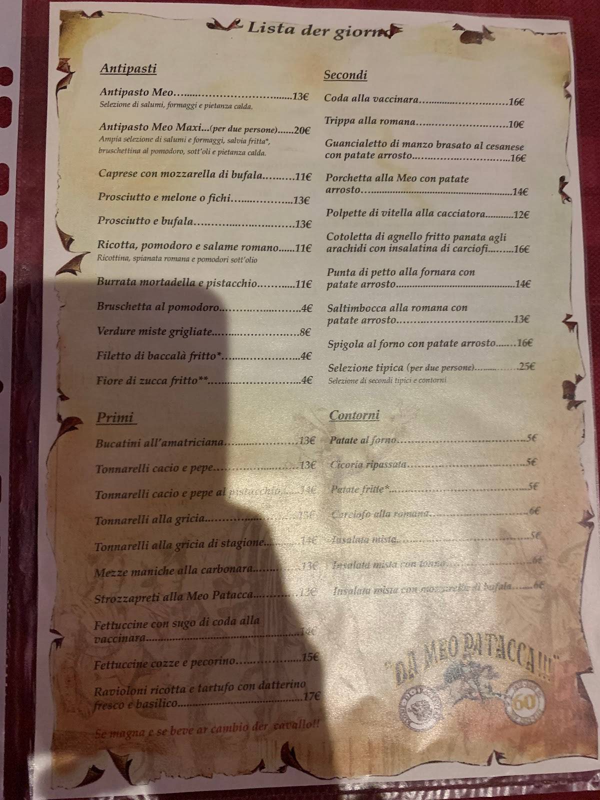 Menu at Ristorante Da Meo Patacca, Rome