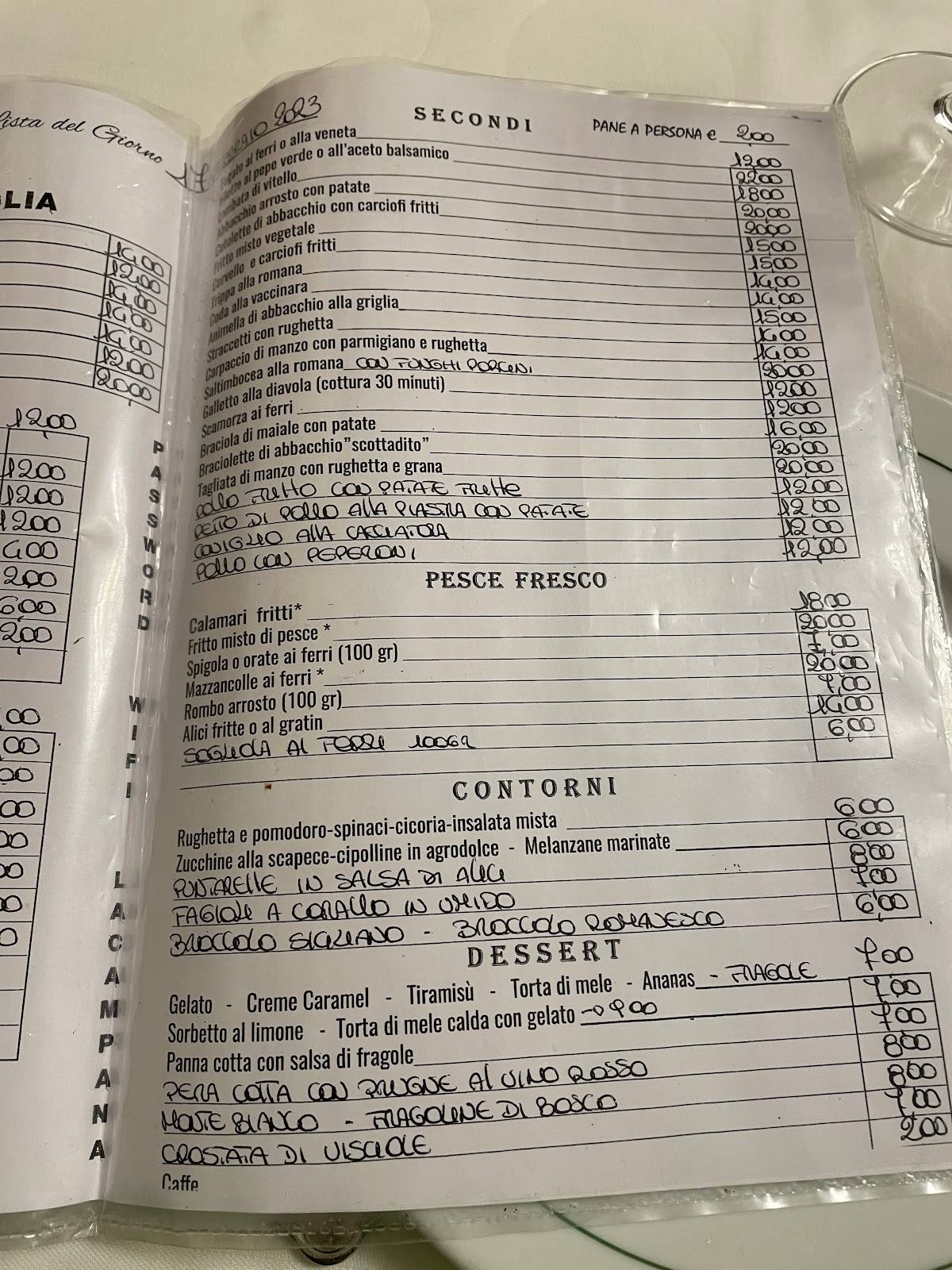 Menu at Ristorante la Campana, Rome