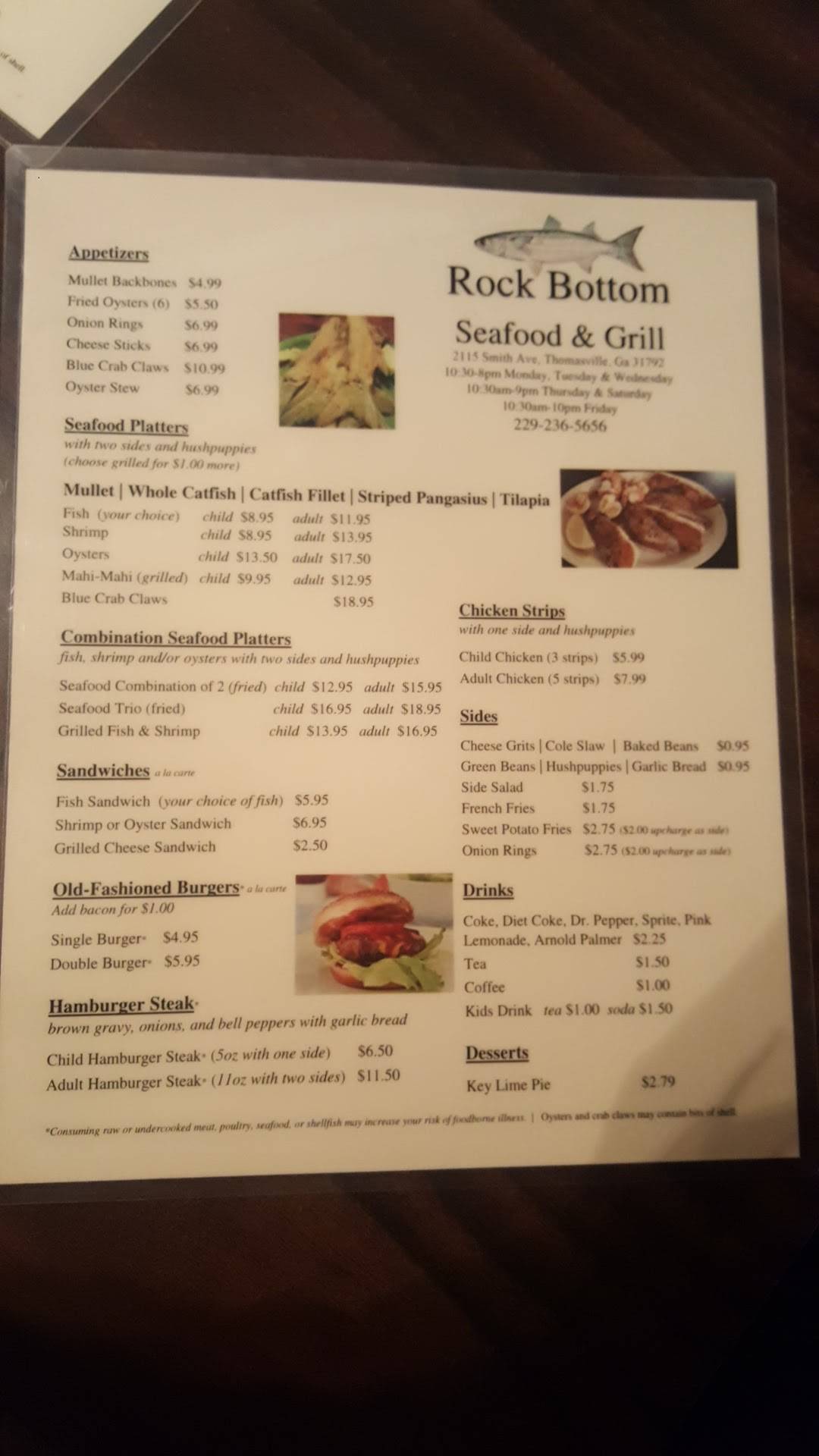 Menu at Rock Bottom Seafood & Grill restaurant, Thomasville