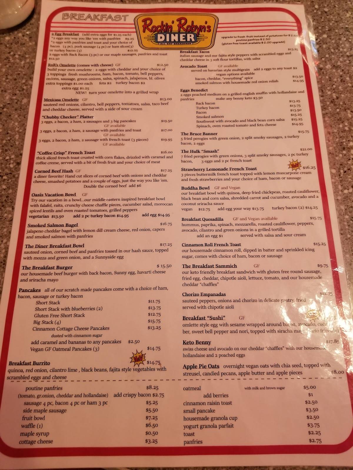 Menu at Rockin' Robyn's restaurant, Edmonton