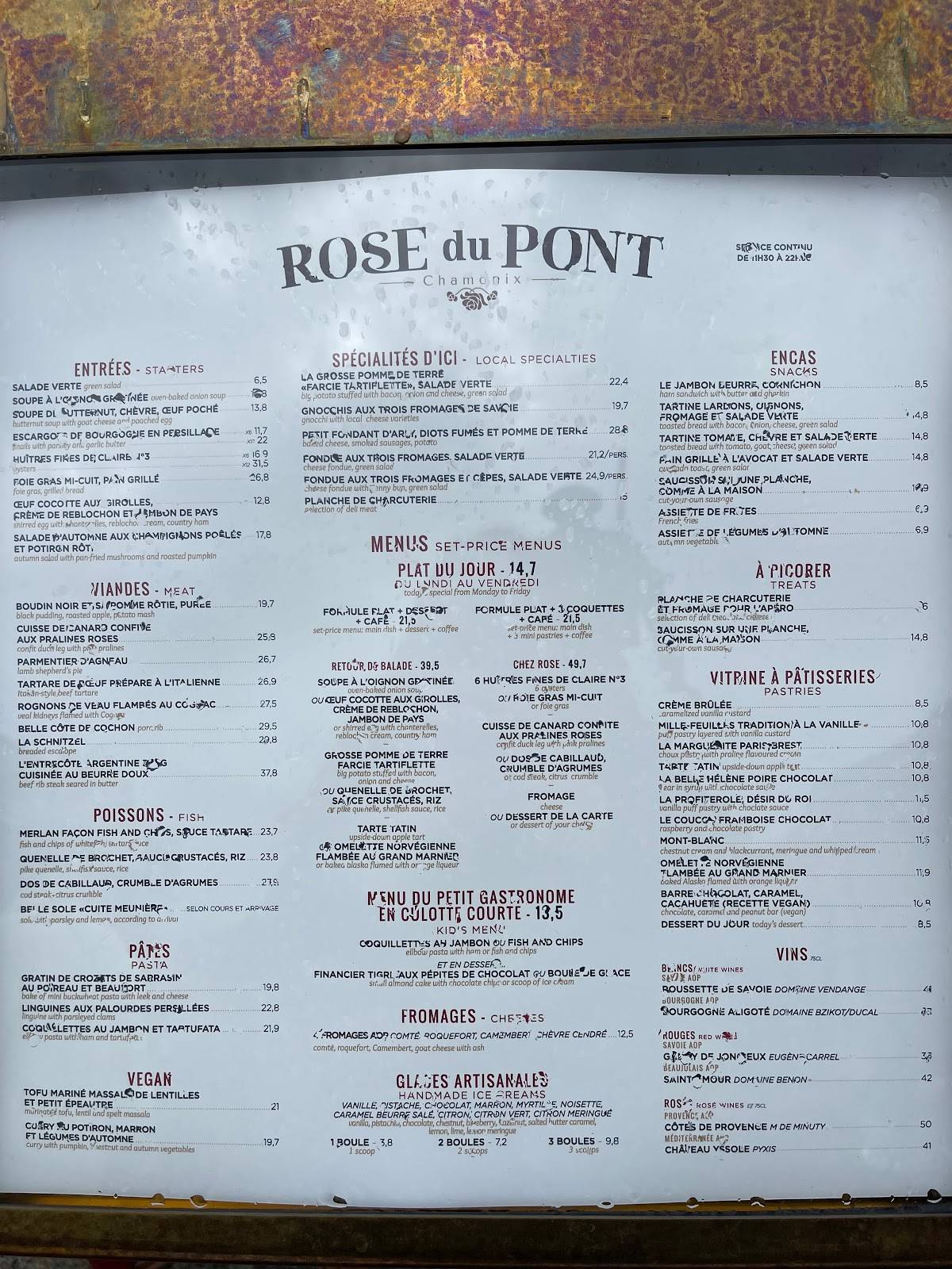 Menu at Rose Du Pont restaurant, Chamonix