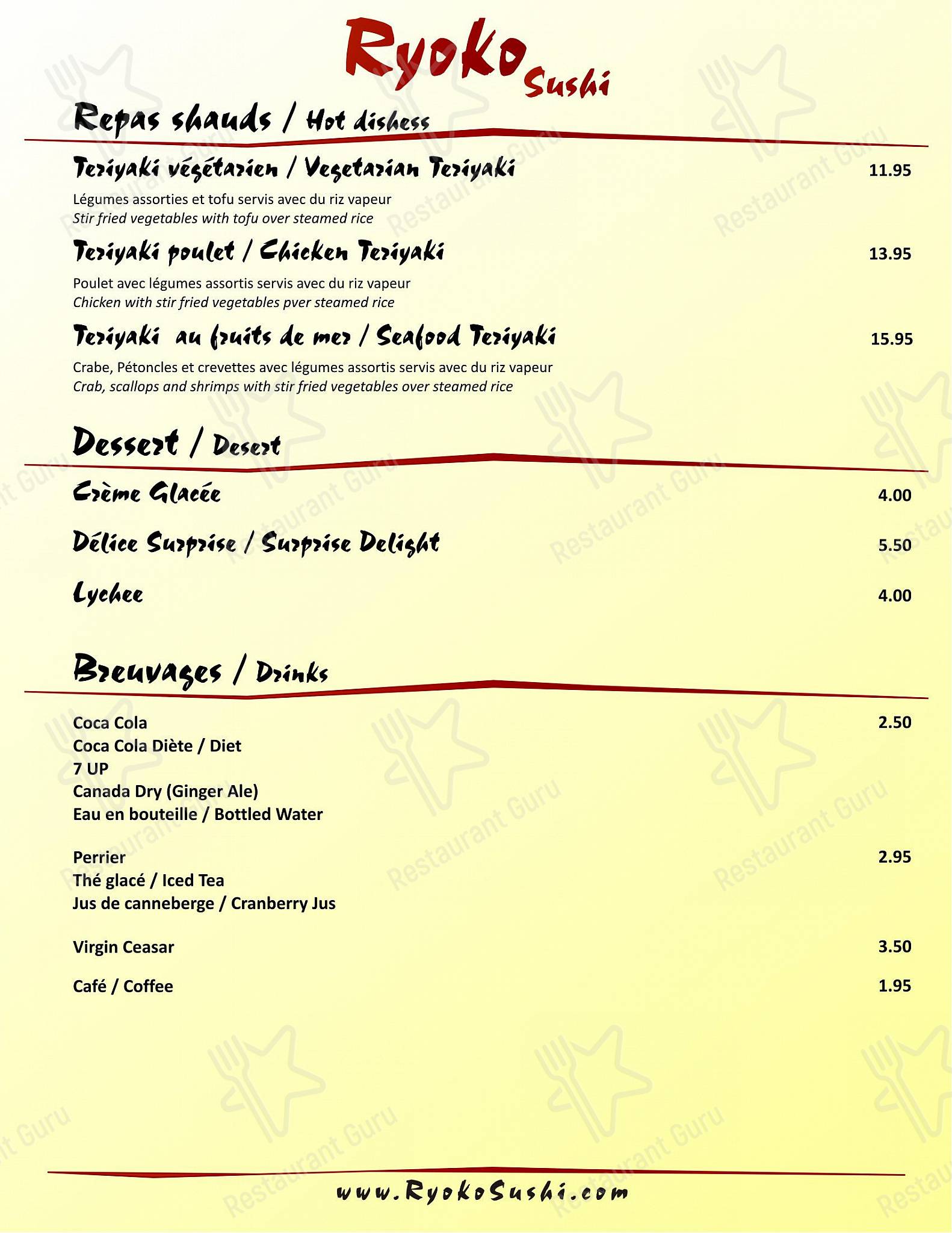 Menu at Ryoko Sushi restaurant, Vaudreuil-Dorion