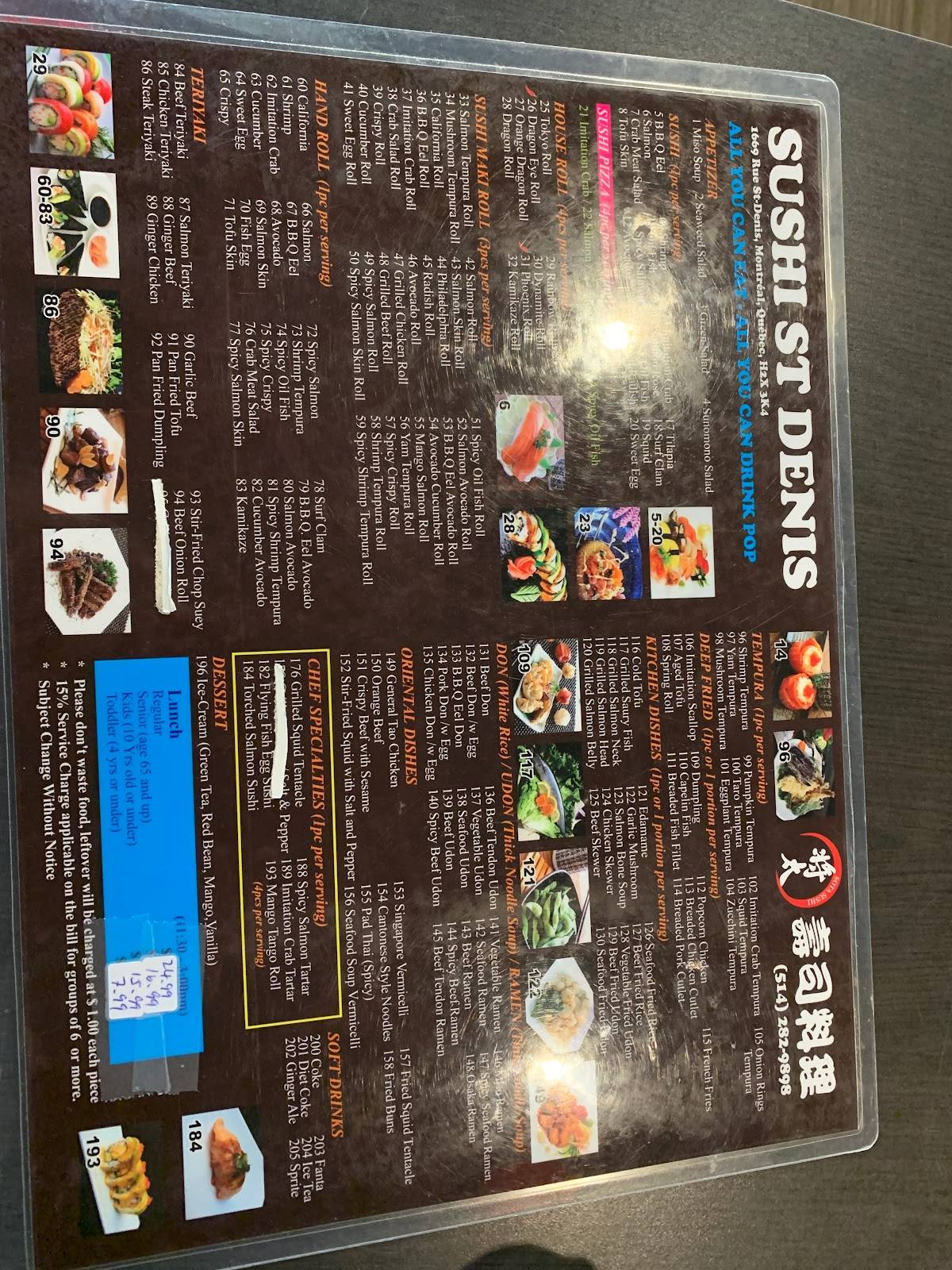 Menu au SUSHI ST-DENIS restaurant, Montréal