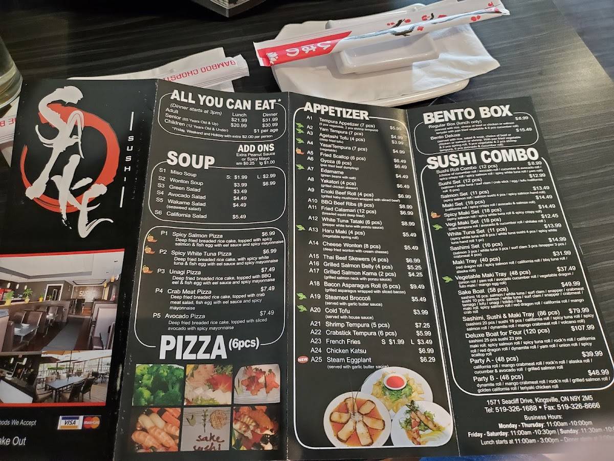Menu at Sake Sushi restaurant, Kingsville