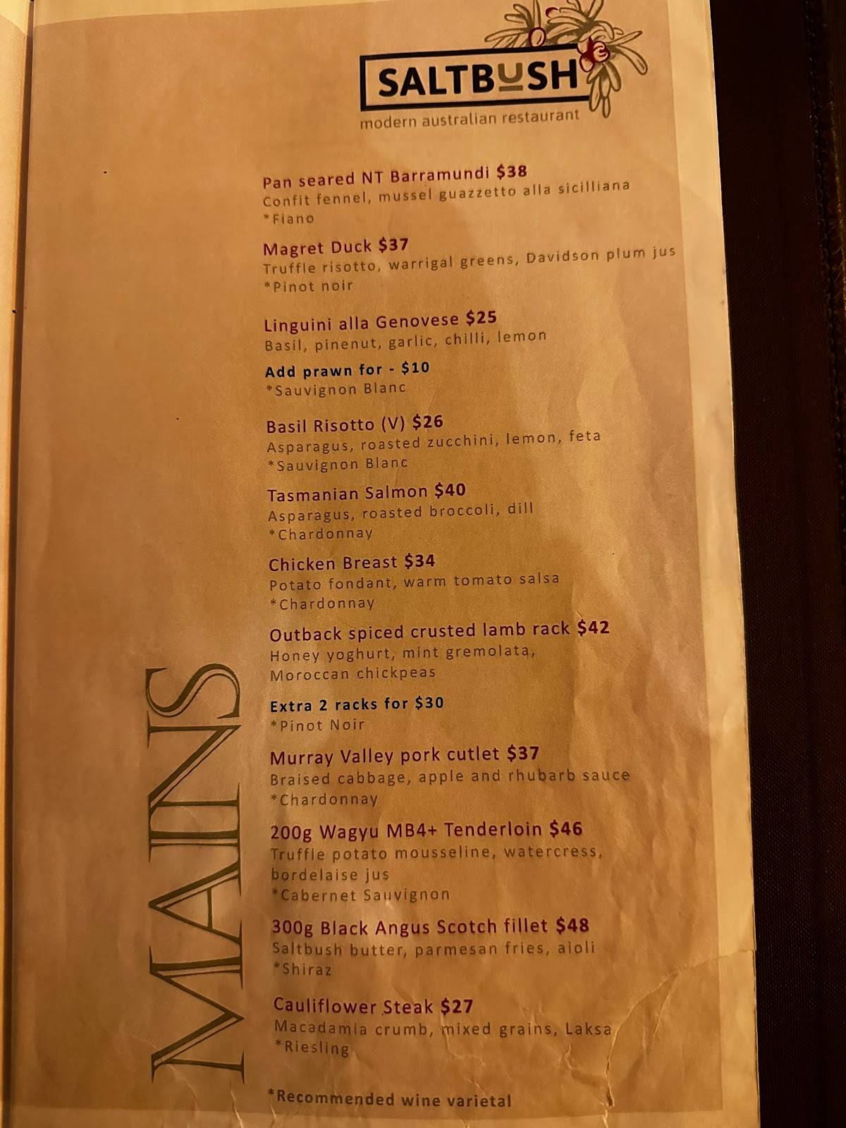 Menu at Saltbush restaurant, Alice Springs