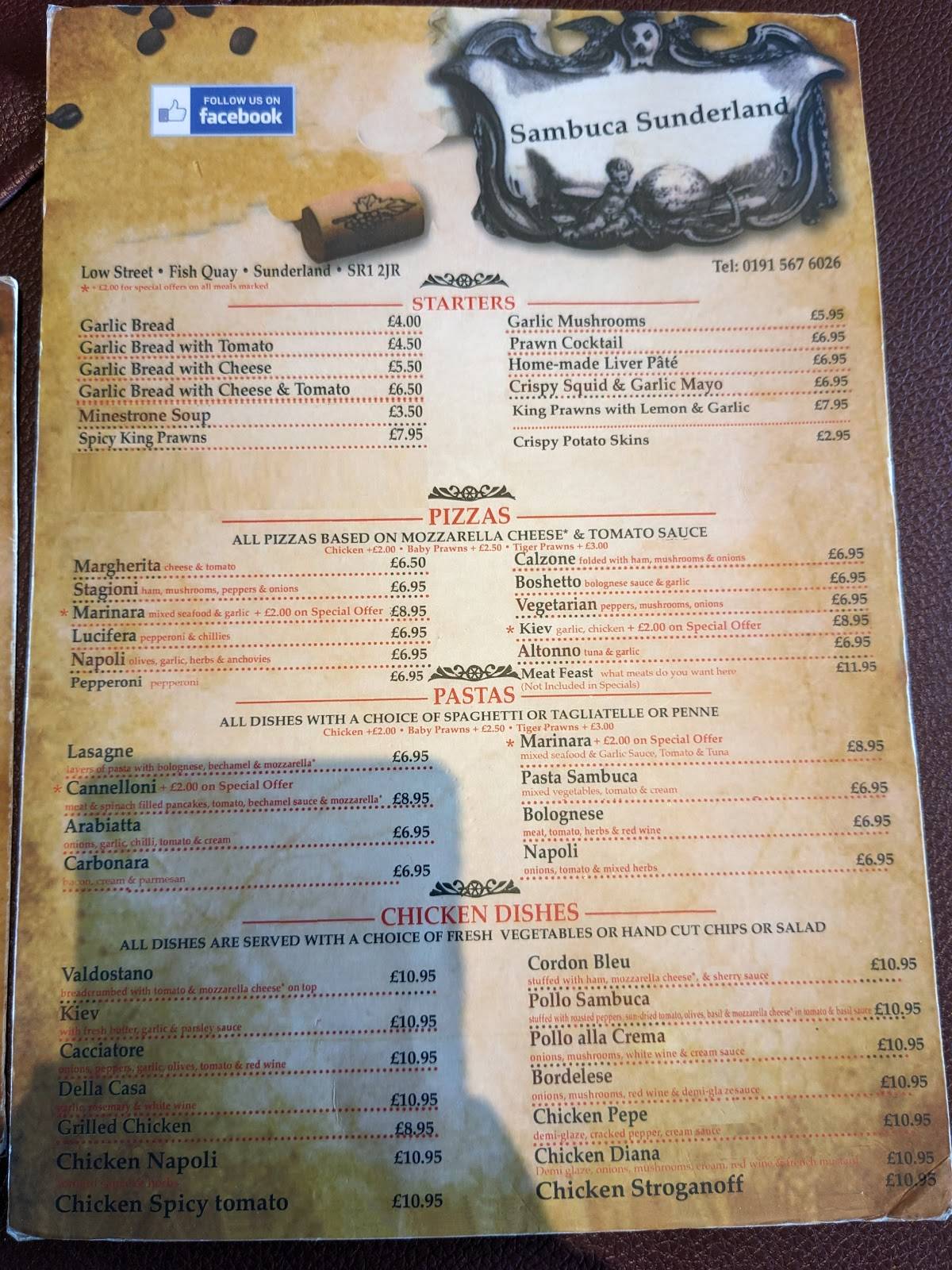 Menu at Sambuca Sunderland restaurant, Sunderland