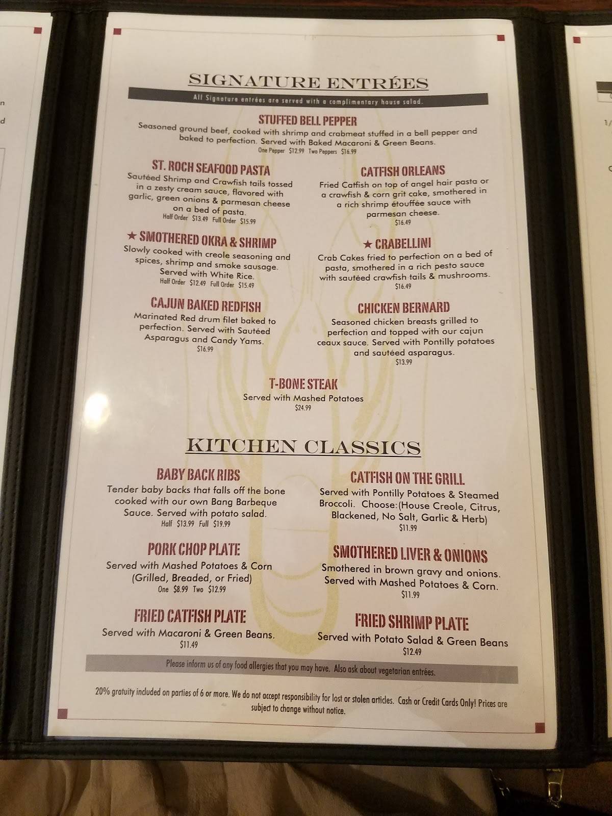 Menu at Sassafras Creole Kitchen restaurant, New Orleans, Leon C Simon Dr