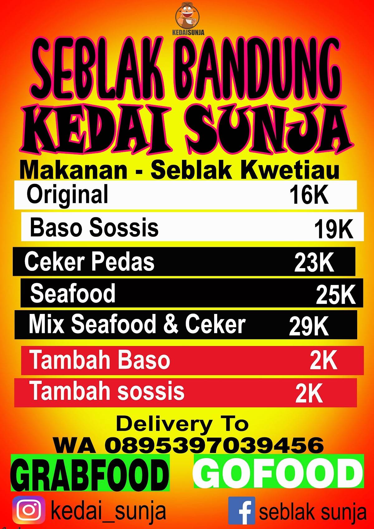Menu at Seblak Bandung Kedai Sunja restaurant, Surabaya, Jl. Bratang ...