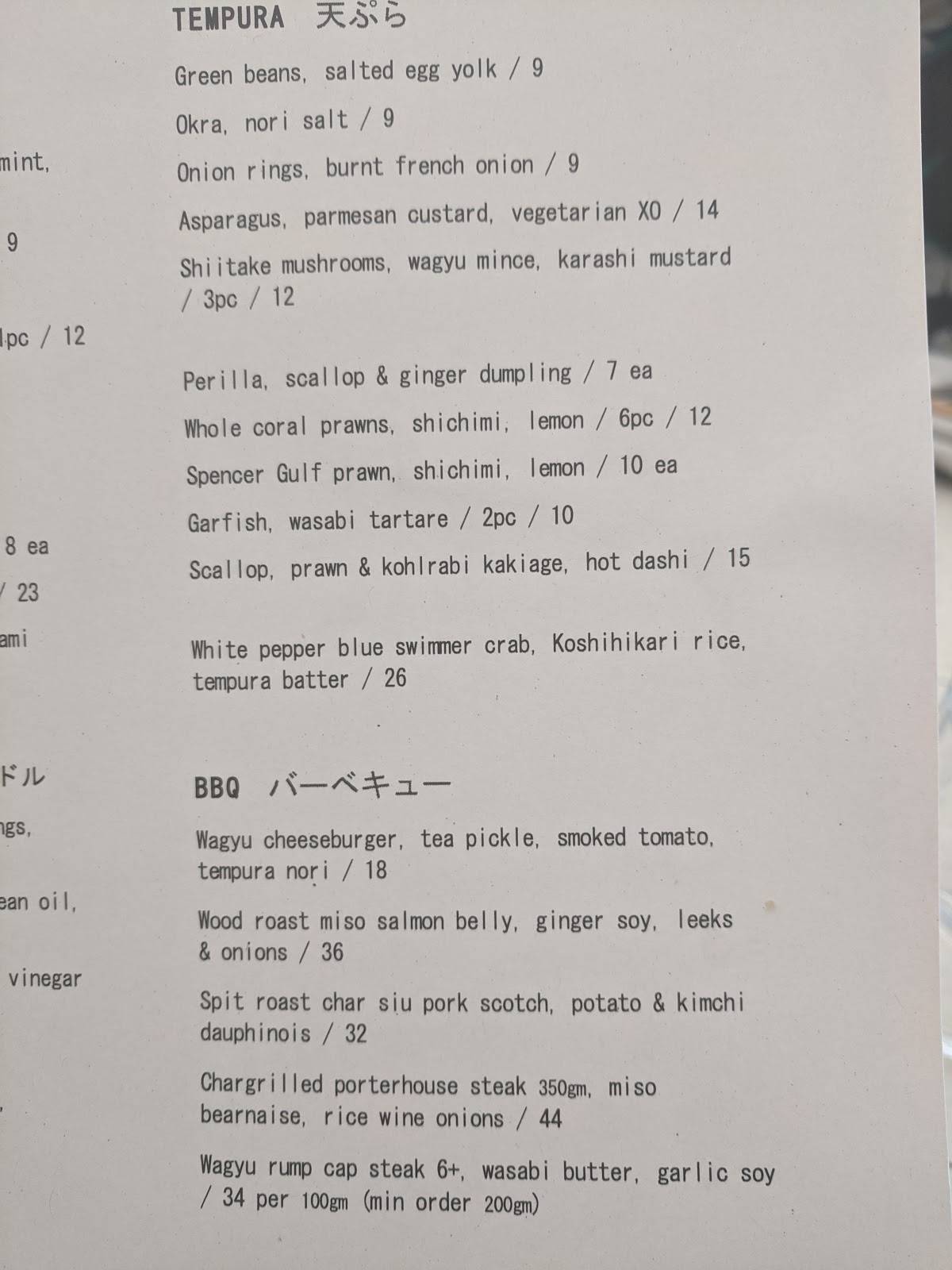 Menu at ShoSho restaurant, Hyde Park