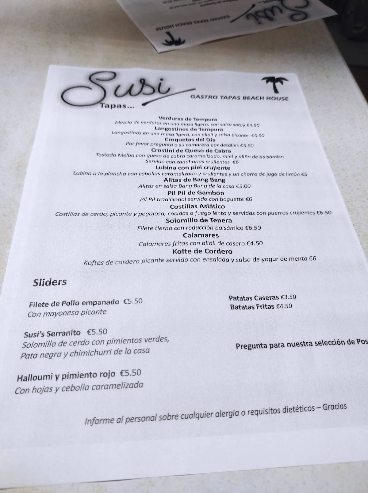 Menu at Susi GastroTapas Beach House pub & bar, San Luis de Sabinillas