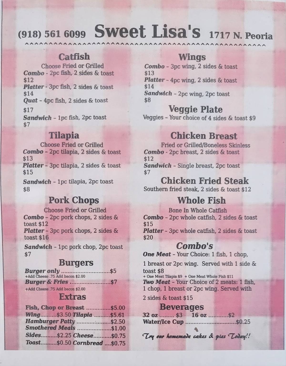 Menu at Sweet Lisa's Cafe, Tulsa