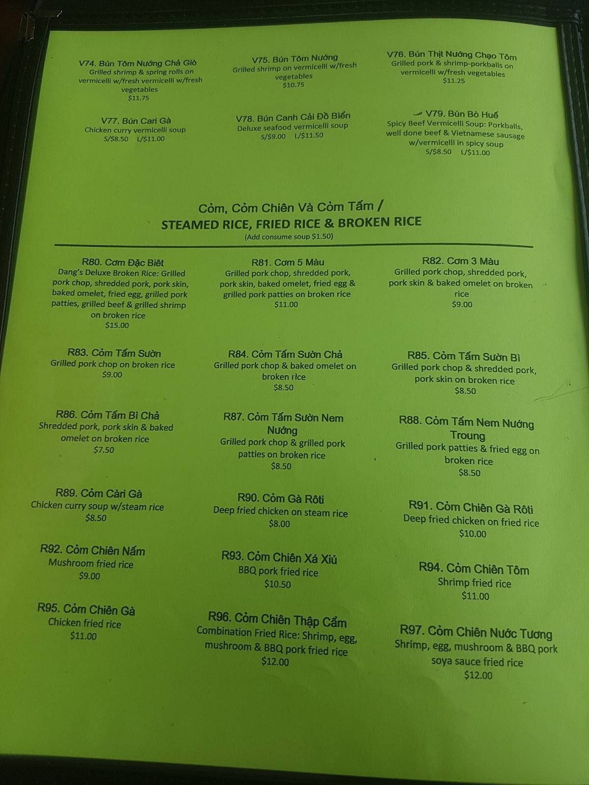 Menu at T.H. Dang Restaurant, Winnipeg