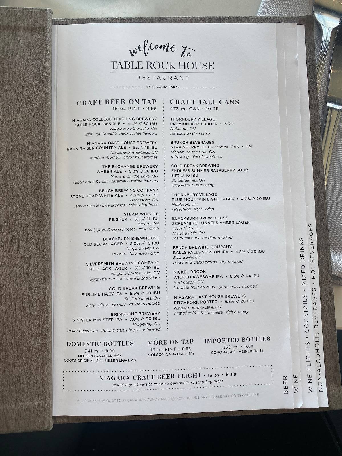 Menu at Table Rock House Restaurant, Niagara Falls