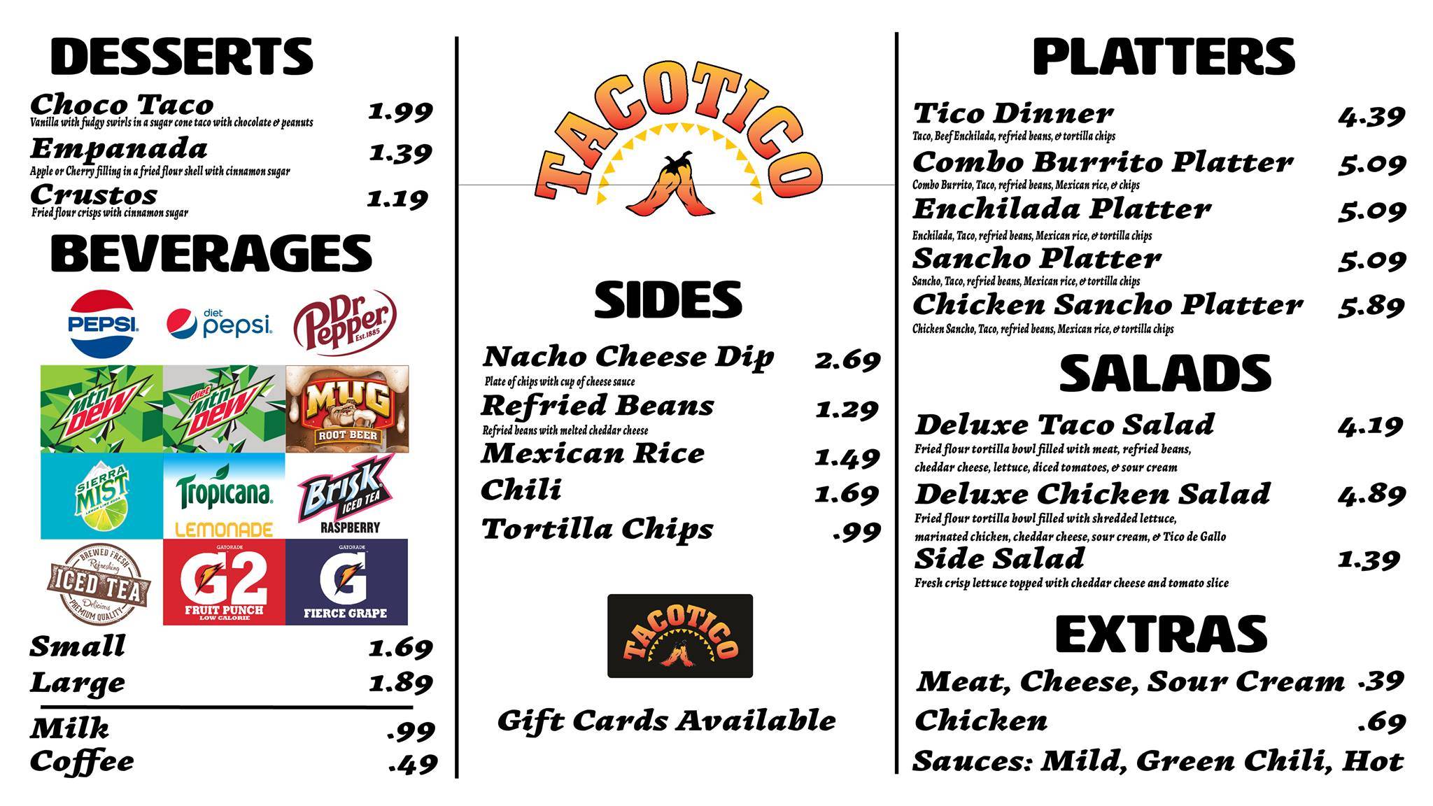 Menu at Taco Tico restaurant, Mason City, 4th St SW