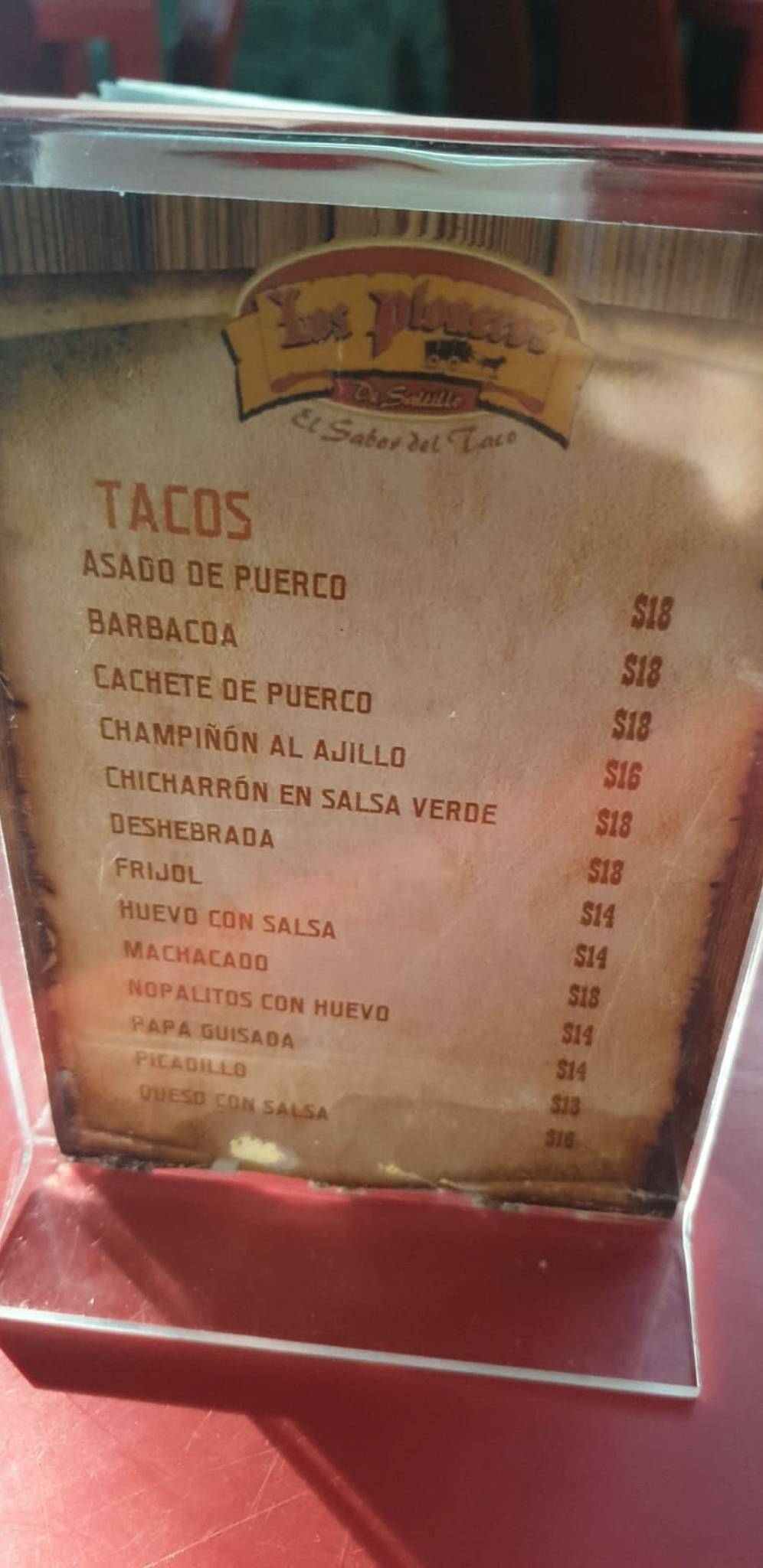 Carta del restaurante Tacos Los Pioneros, Saltillo, Blvd. Moctezuma 2065
