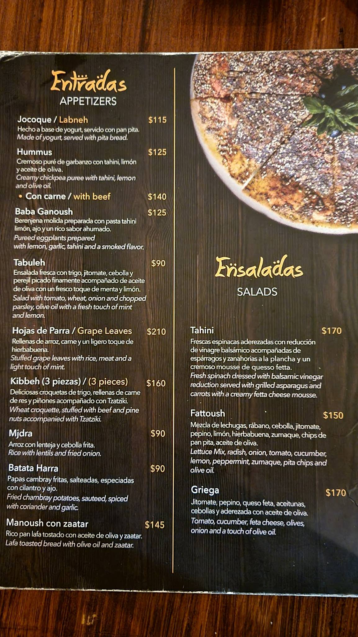 Menu at Tahini restaurant, Playa del Carmen