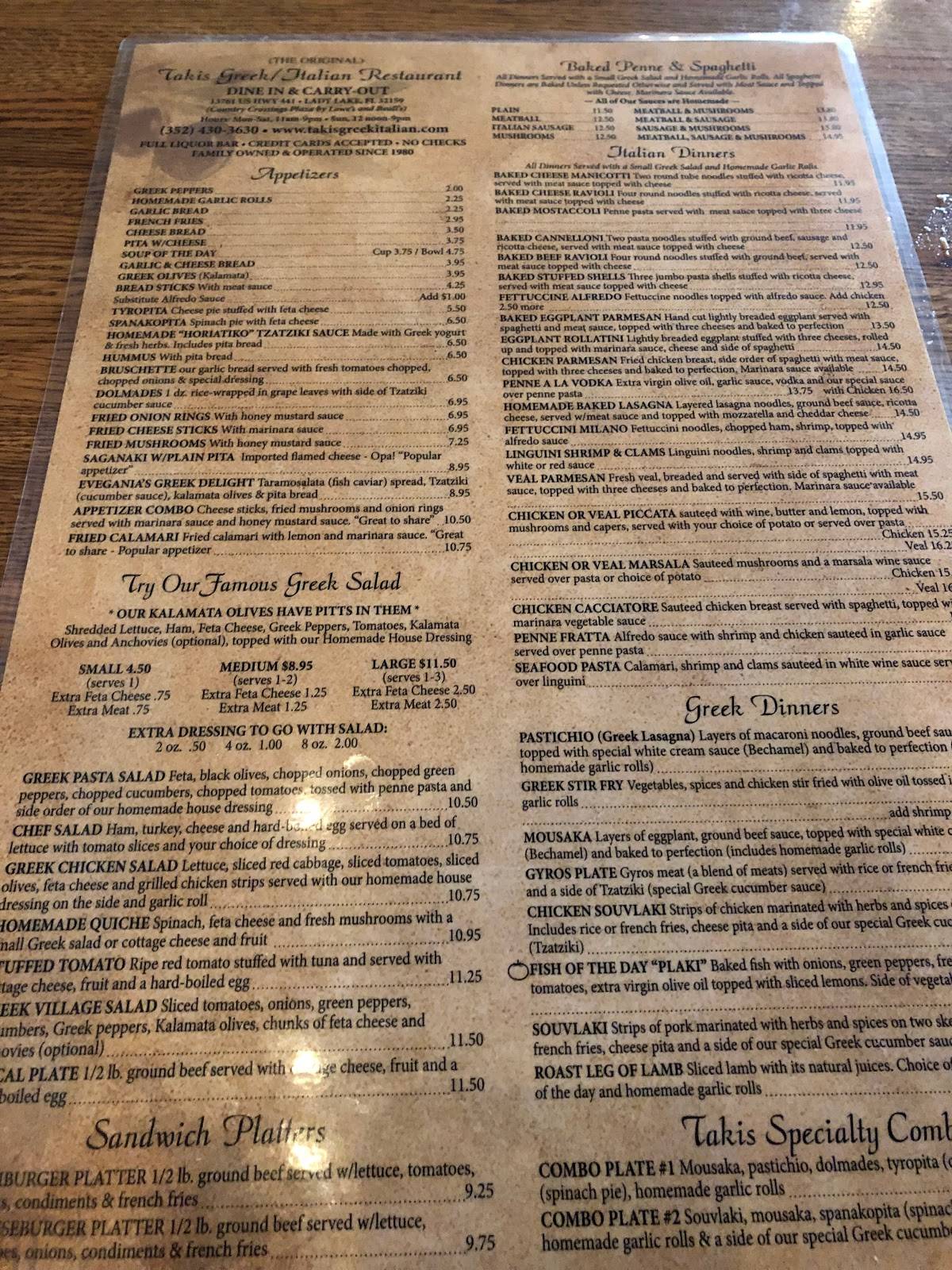Menu at Takis Greek-Italian Restaurant, The Villages, US-441