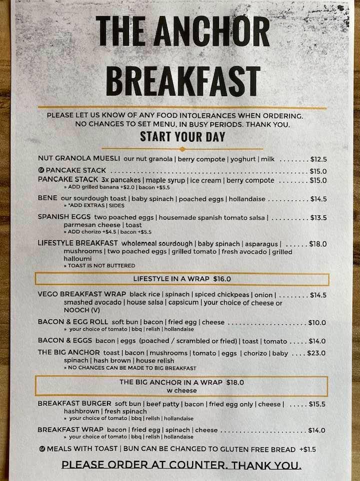 Menu at The Anchor at Lakes Beach restaurant, Budgewoi