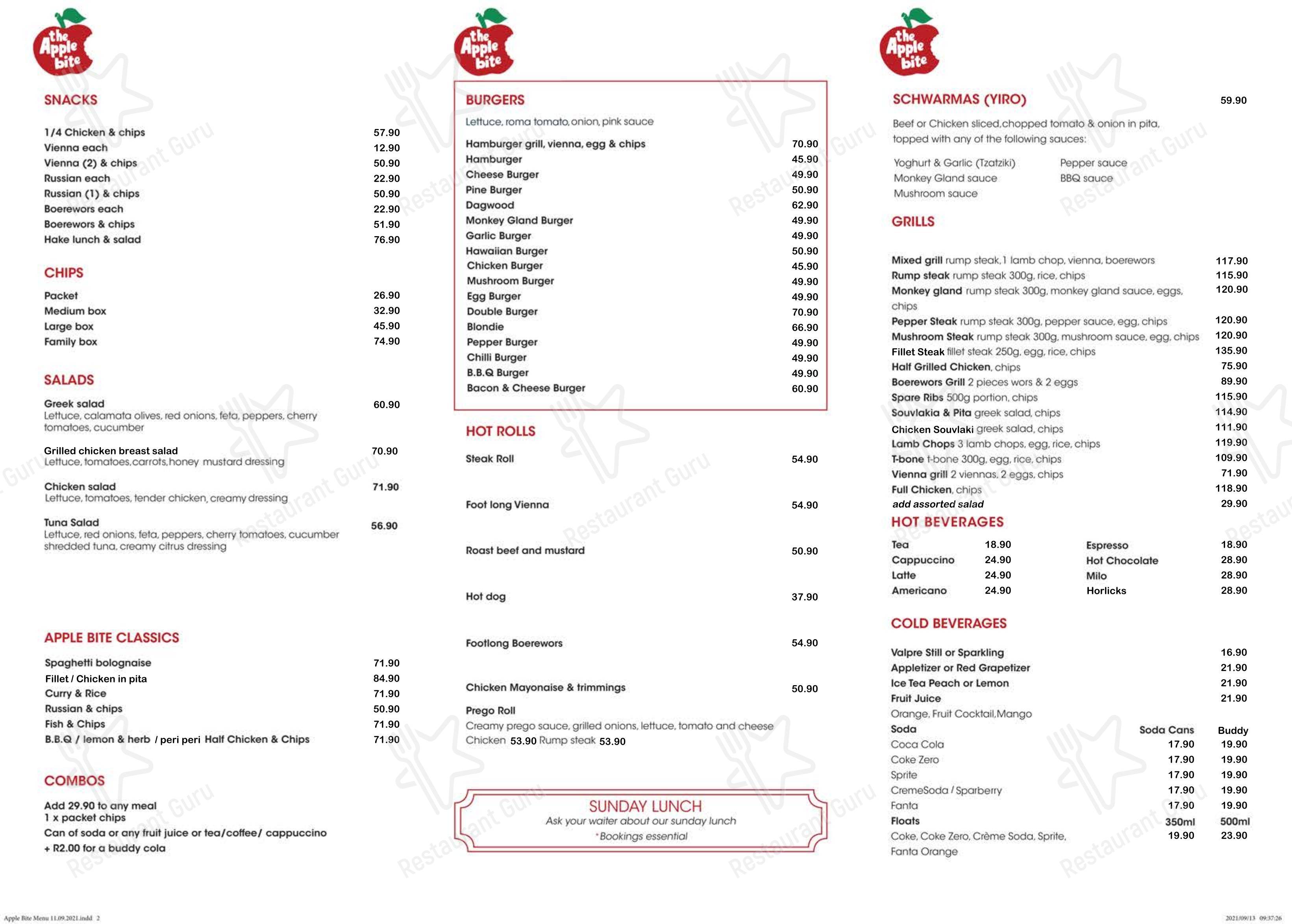 Menu at The Apple Bite restaurant, Edenvale