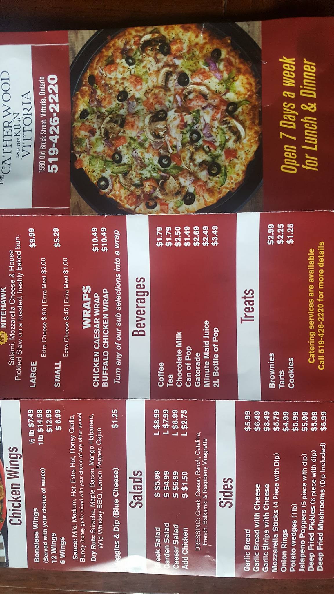 Menu at The Catherwood and the Kiln restaurant, Vittoria