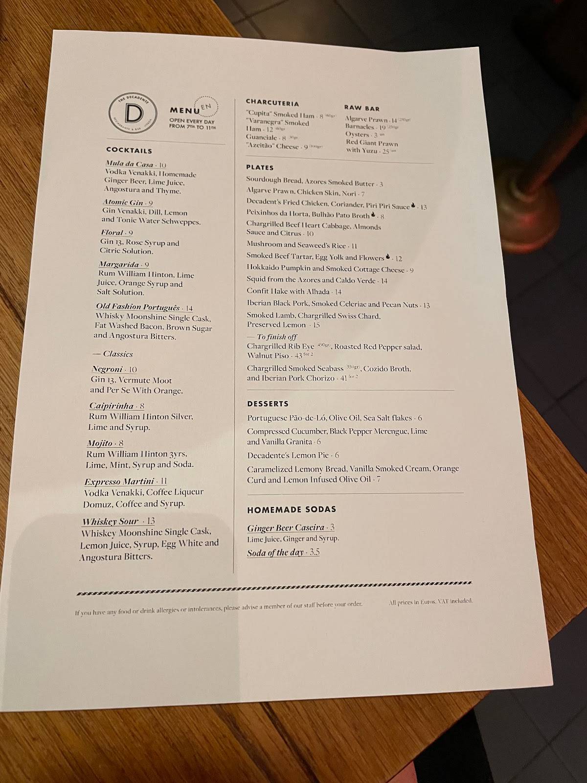 Menu at The Decadente restaurant, Lisbon