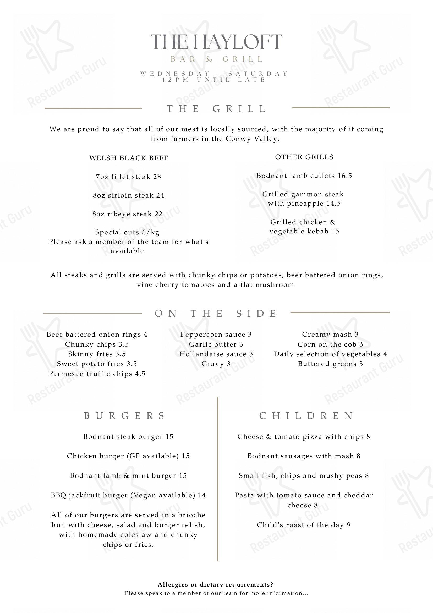 Menu at The Hayloft Restaurant, Tal-y-cafn, Bodnant Welsh Food Centre