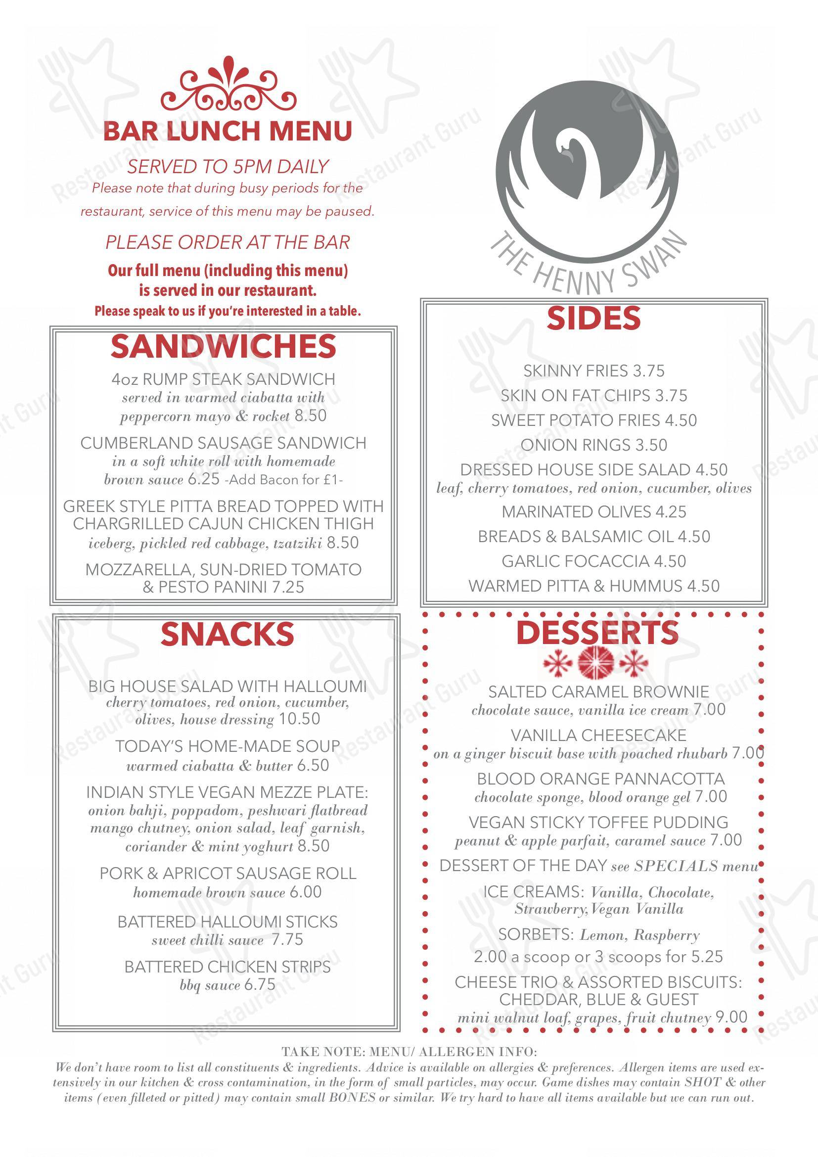 Menu at The Henny Swan restaurant, Sudbury, Henny Rd