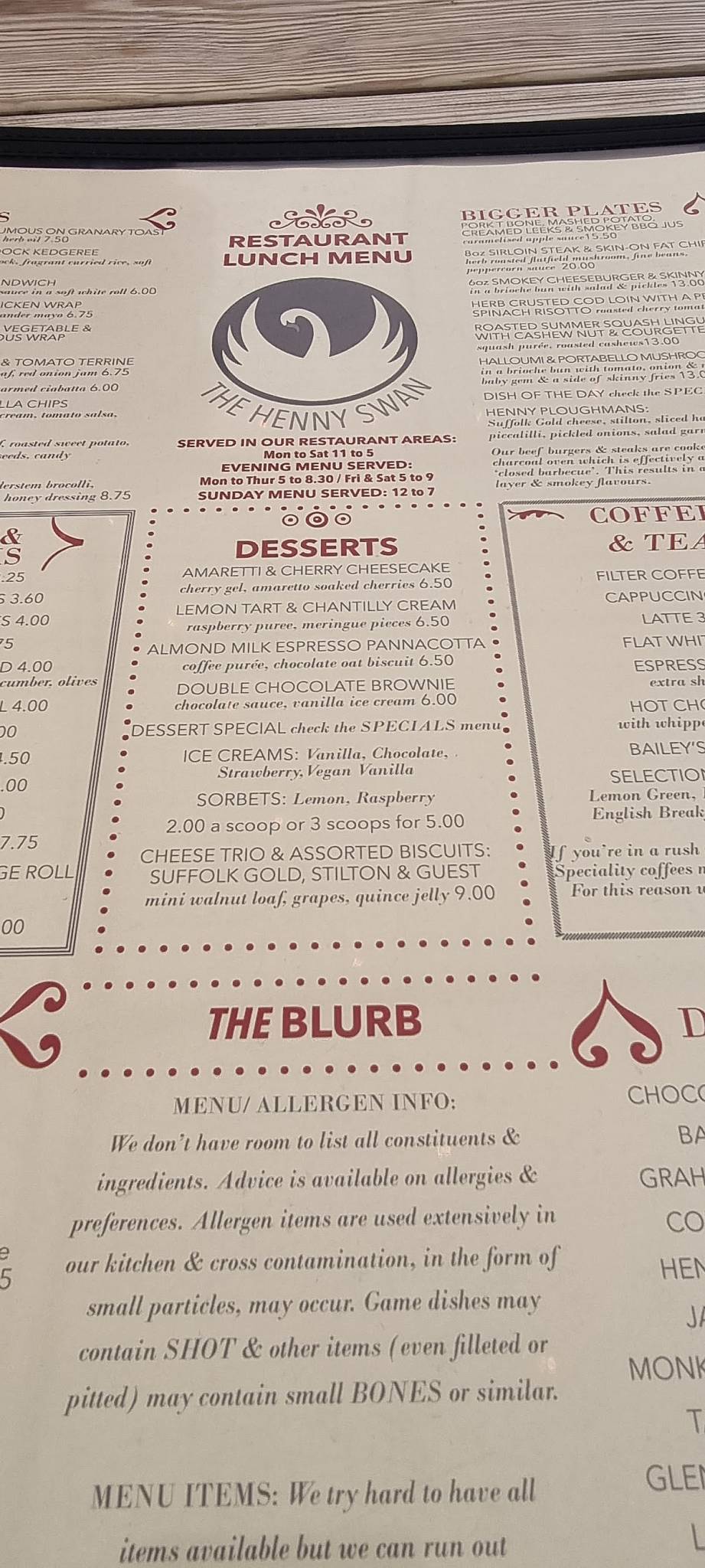 Menu at The Henny Swan restaurant, Sudbury, Henny Rd