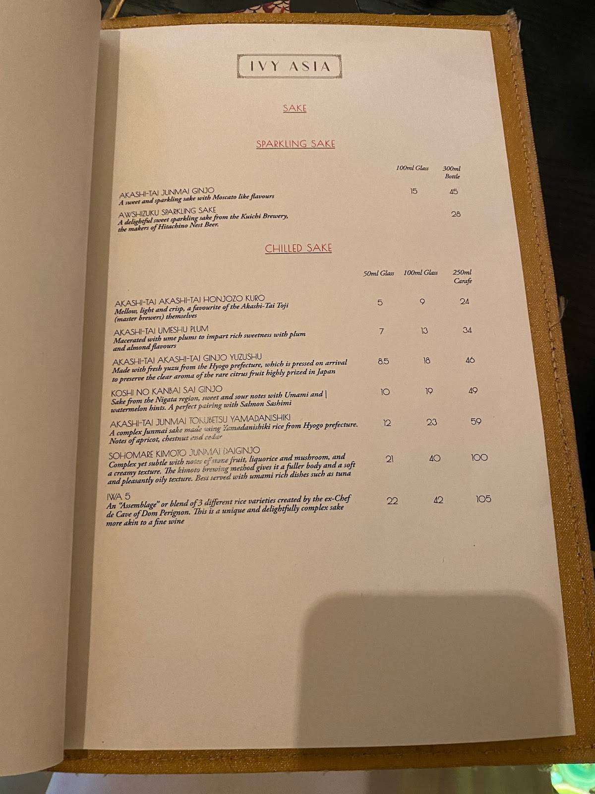 Carta del restaurante The Ivy Asia Mayfair, Londres