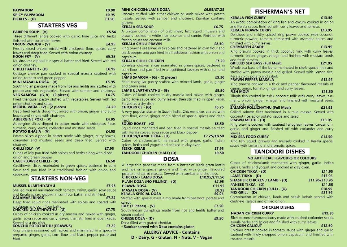 Menu at The Kerala restaurant, Caterham