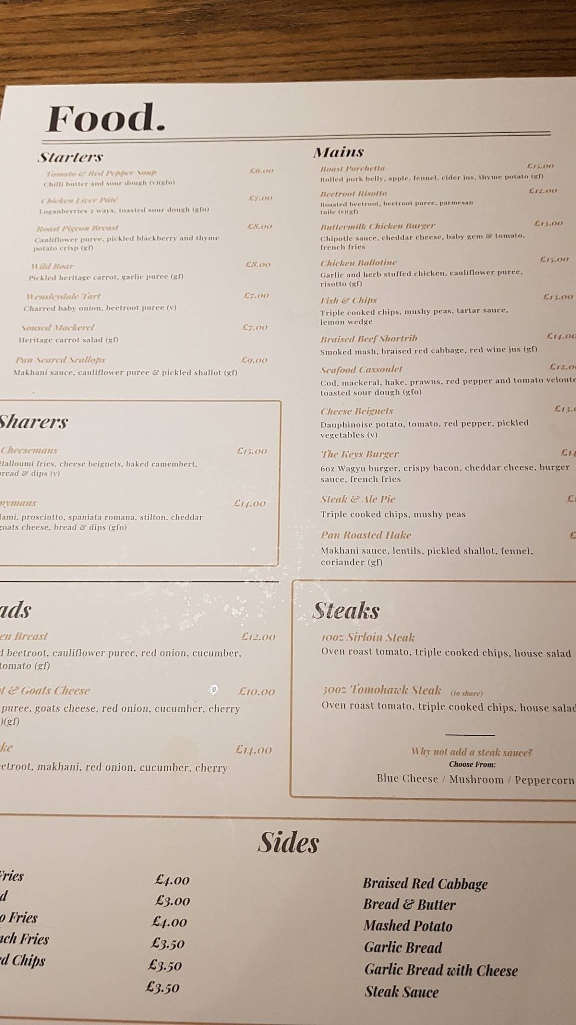 Menu at The Keys restaurant, Barnsley, Sheffield Rd