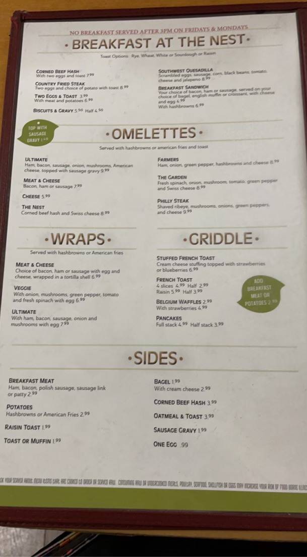 Menu at The Nest restaurant, Farwell