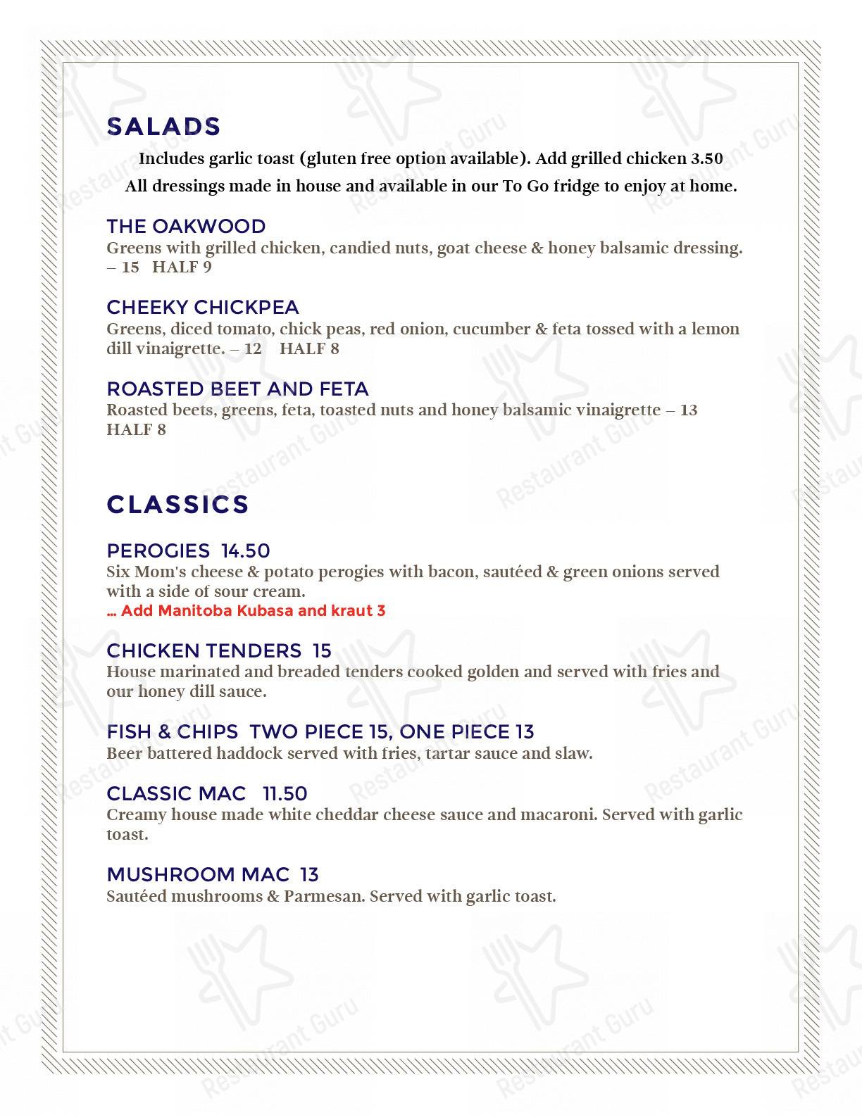 Menu at Oakwood Cafe, Winnipeg