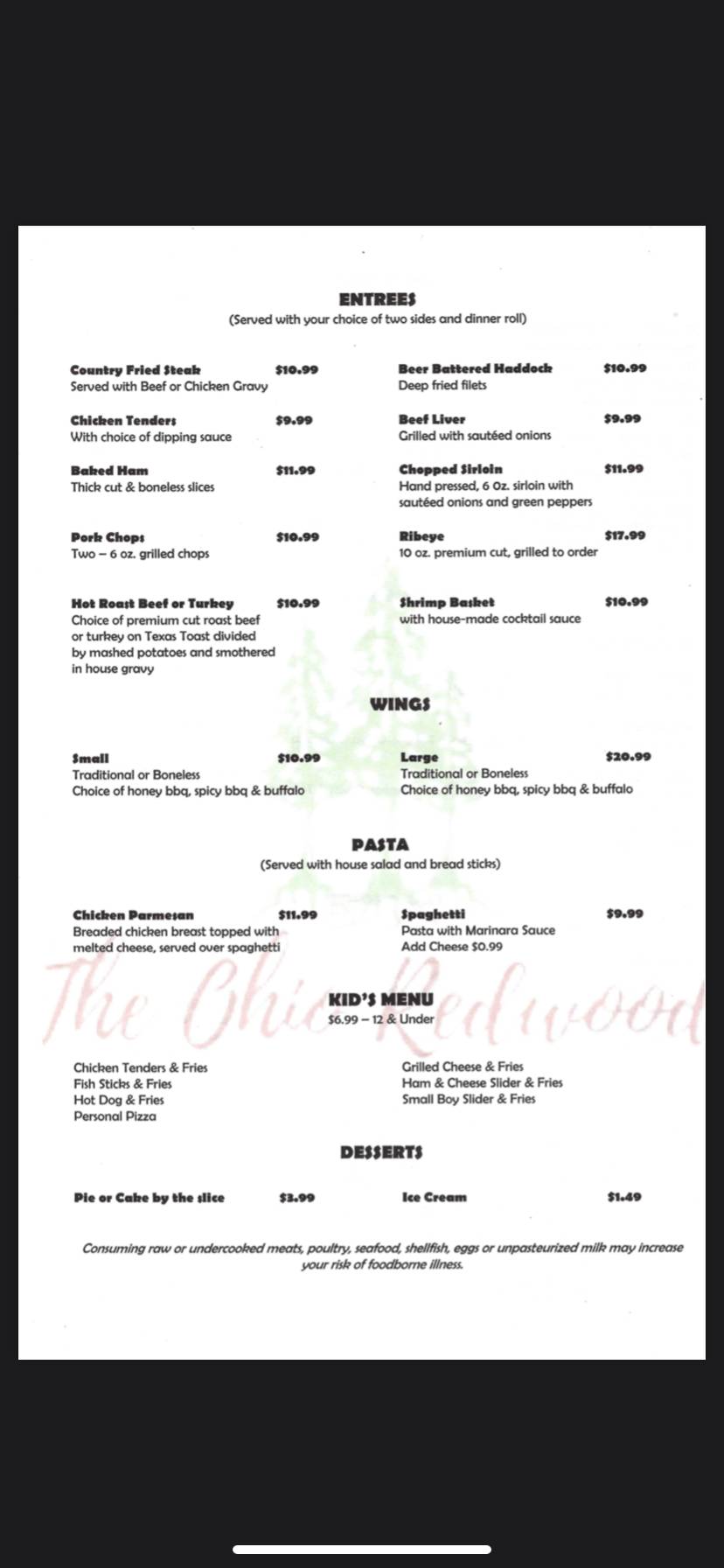 Menu at The Ohio Redwood restaurant, Belpre, Washington Blvd