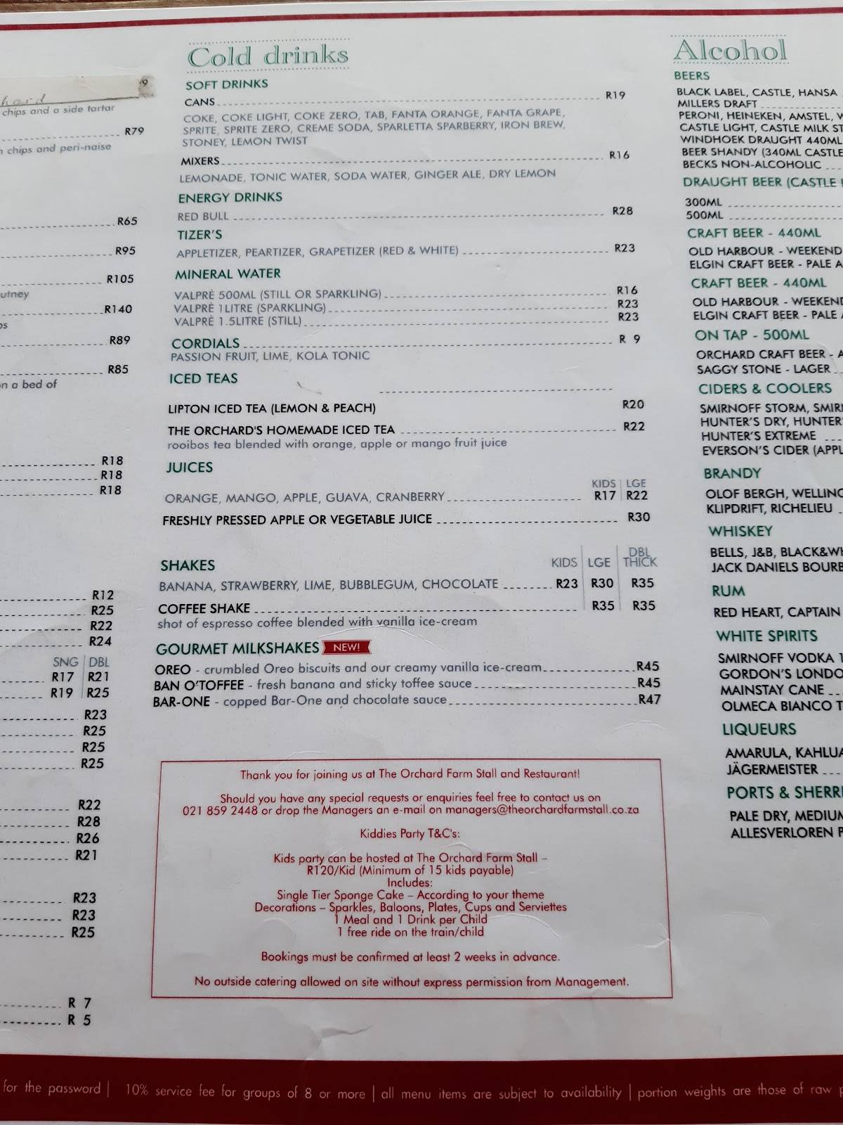 Menu at The Orchard Farm Stall restaurant, Grabouw