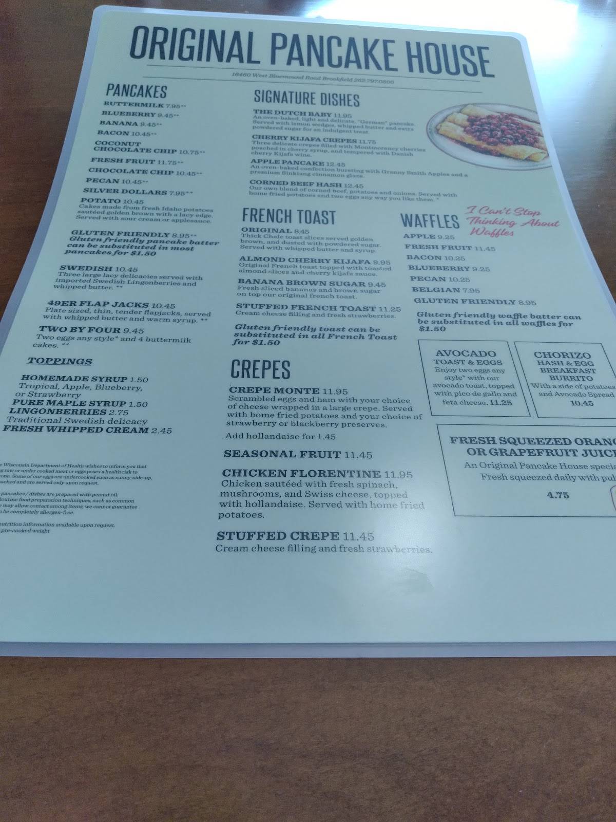 Menu at The Original Pancake House restaurant, Brookfield, W Bluemound Rd