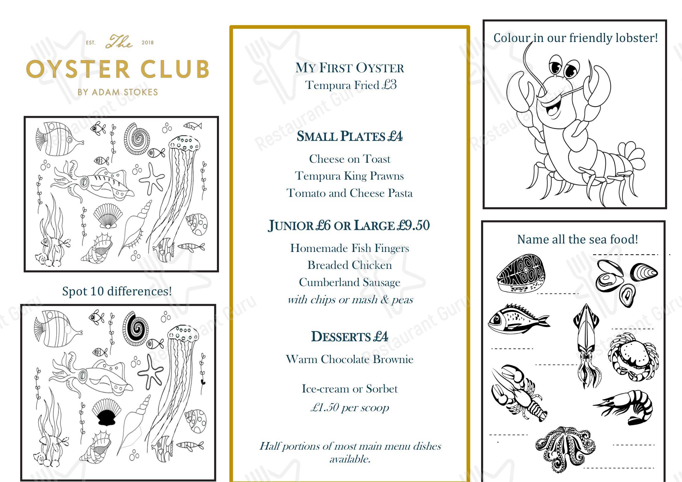 Menu at The Oyster Club, Birmingham