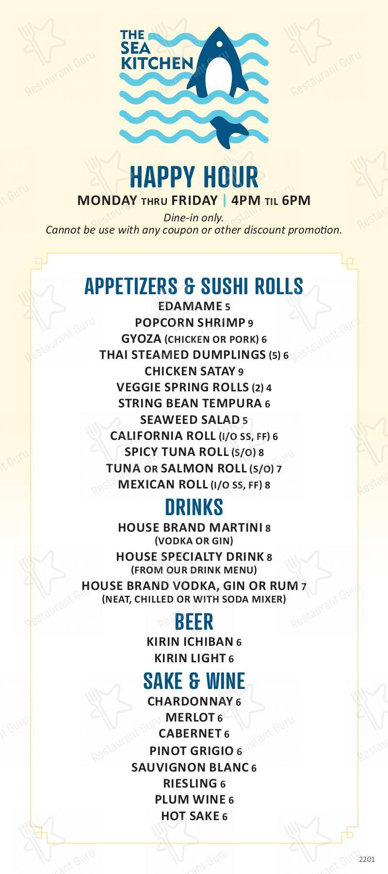 Menu at The Sea South East Asian Kitchen restaurant, Delray Beach