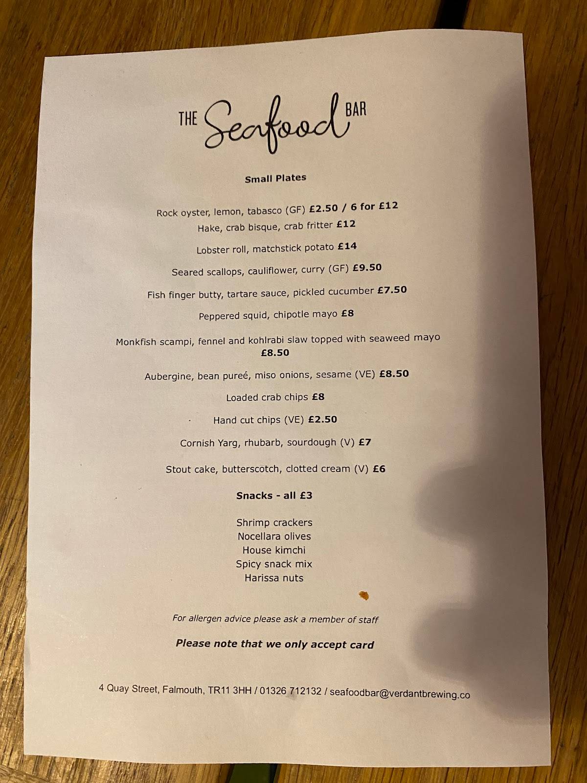 Menu at The Verdant Seafood Bar, Falmouth