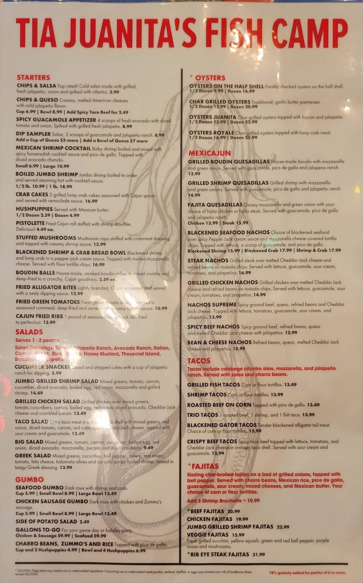 Menu at Tia Juanita's Fish Camp Winnie restaurant, Winnie