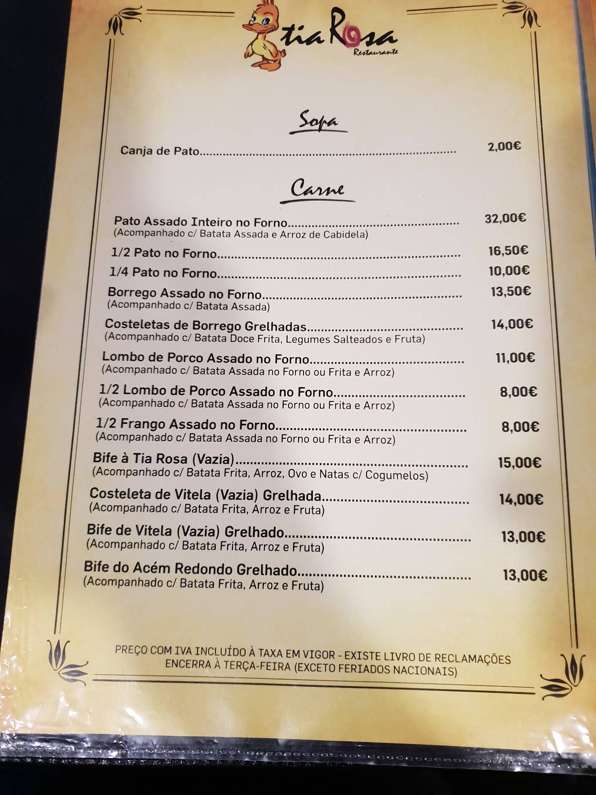 Menu at Tia Rosa restaurant, Melides, Fontainhas do mar