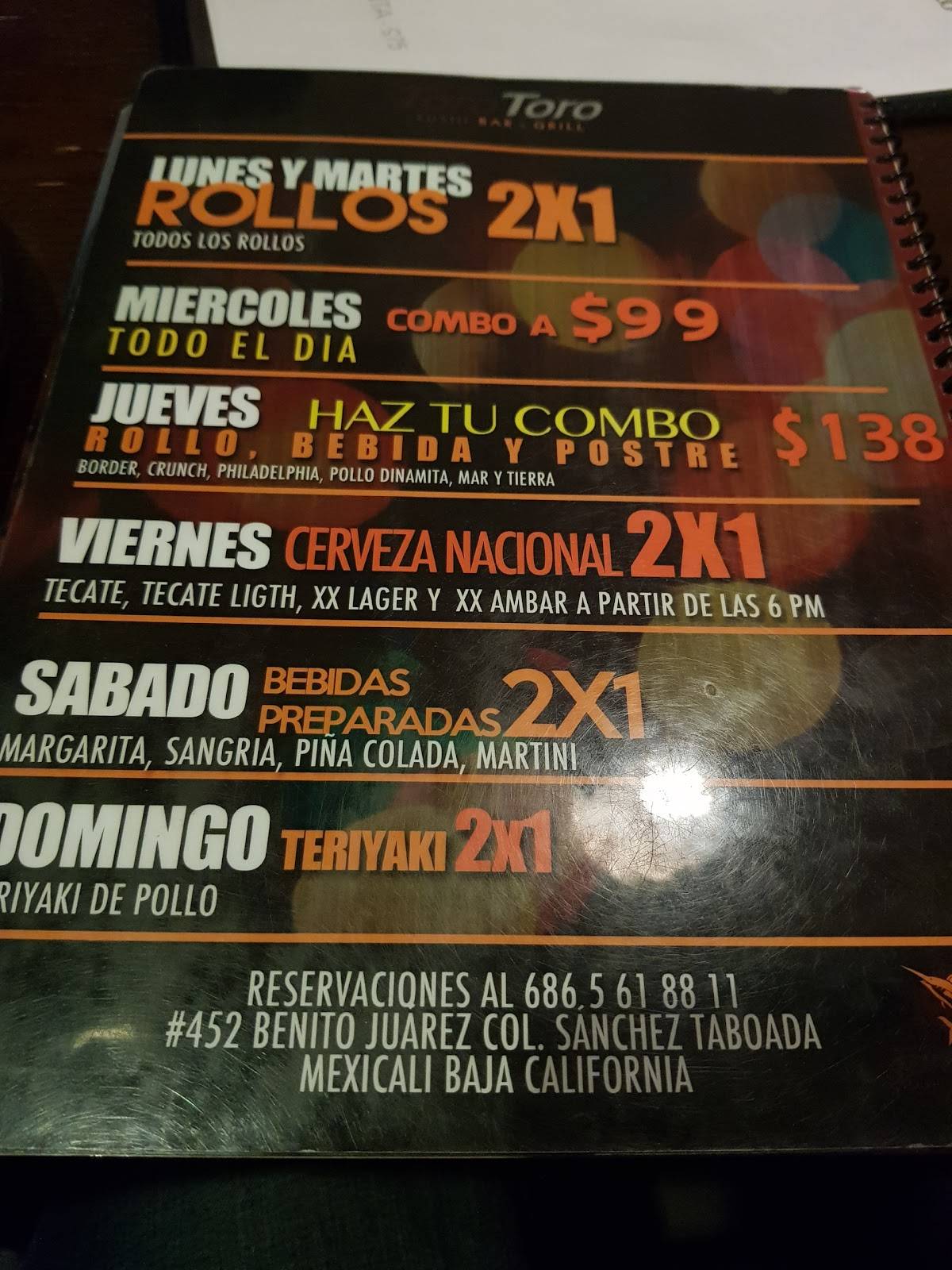 Menu at Toro Toro restaurant, Mexicali